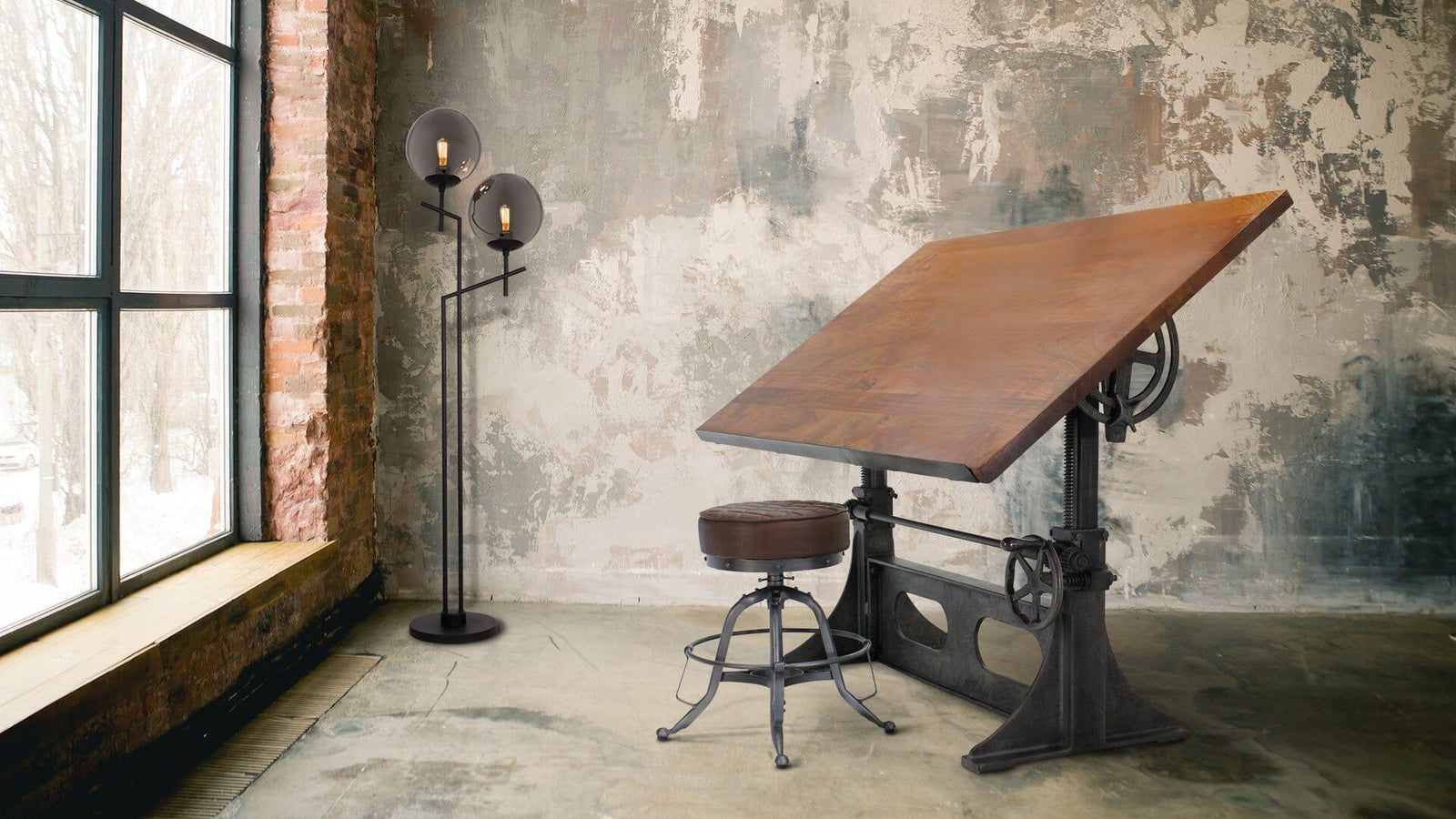 Industrial Adjustable Height Drafting Desk - Tilting Top - Cast Iron ...