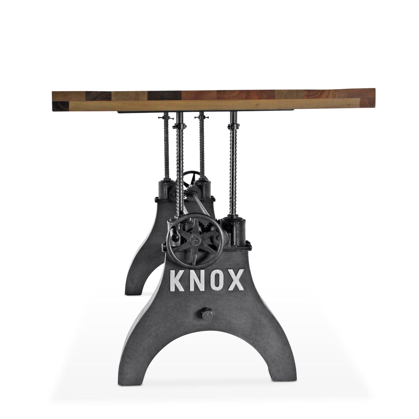 KNOX Adjustable Height Dining Table - Cast Iron Crank Base - Rustic Oak - Rustic Deco Incorporated