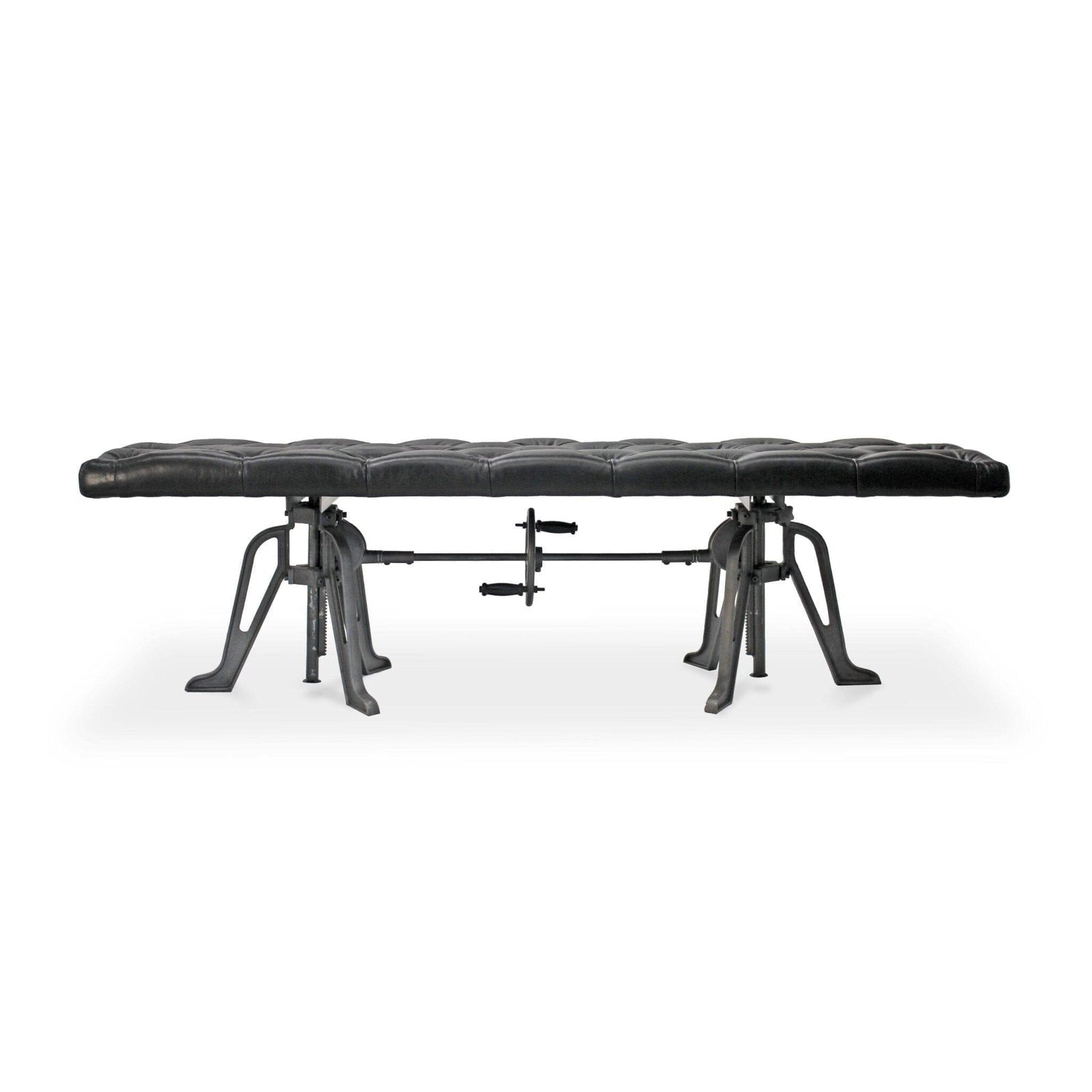 Adjustable Industrial Dining Bench - Cast Iron - Black Tufted Leather ...