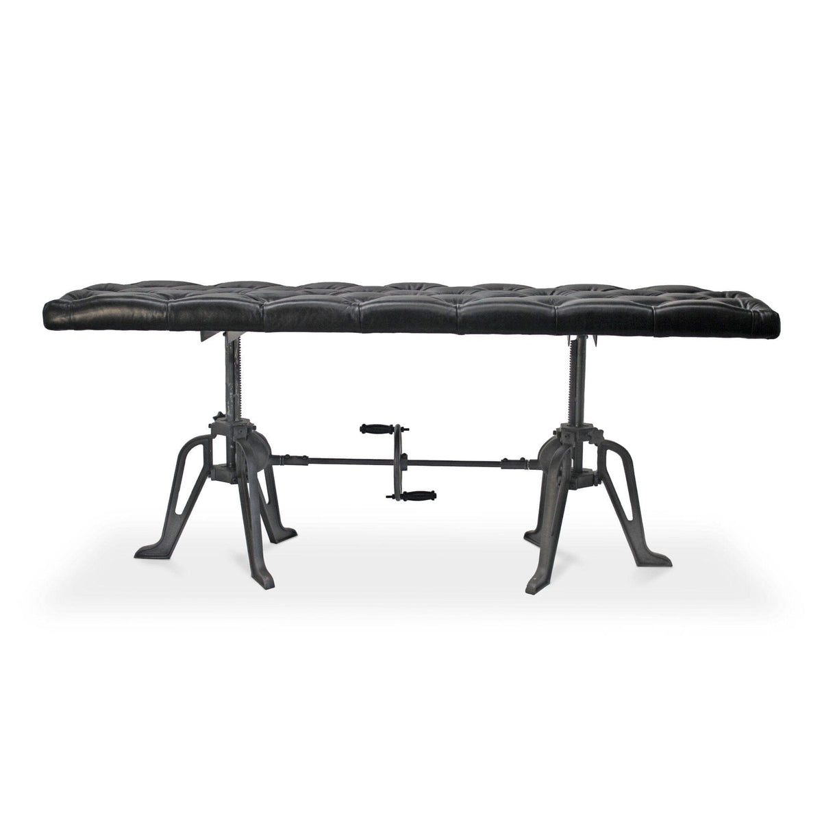 Adjustable Industrial Dining Bench - Cast Iron - Black Tufted Leather ...