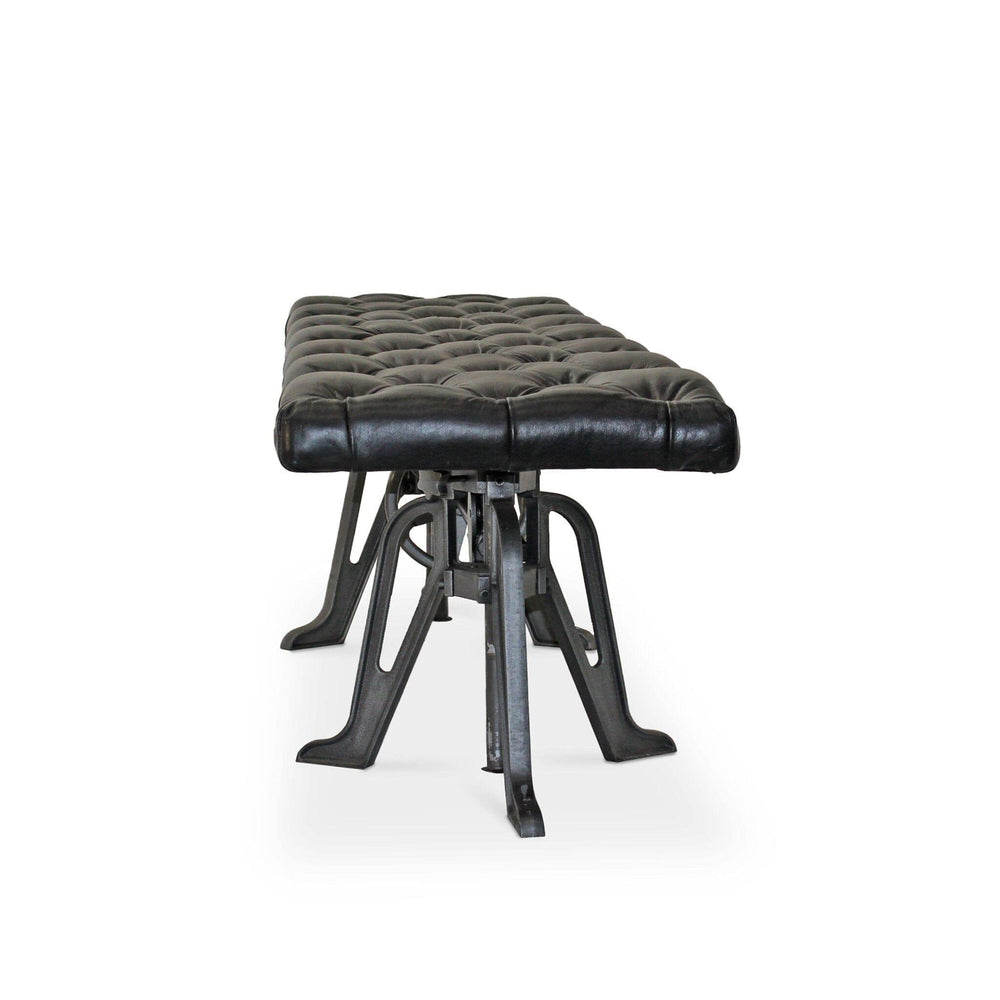 Adjustable Industrial Dining Bench - Cast Iron - Black Tufted Leather ...