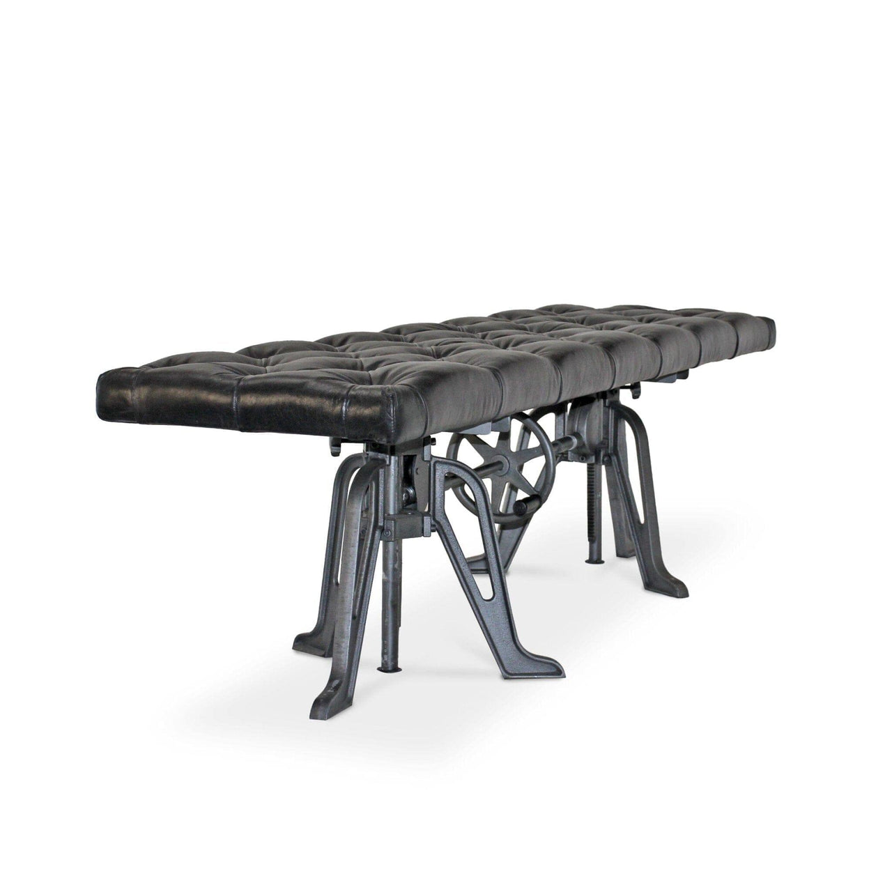 Adjustable Industrial Dining Bench - Cast Iron - Black Tufted Leather ...