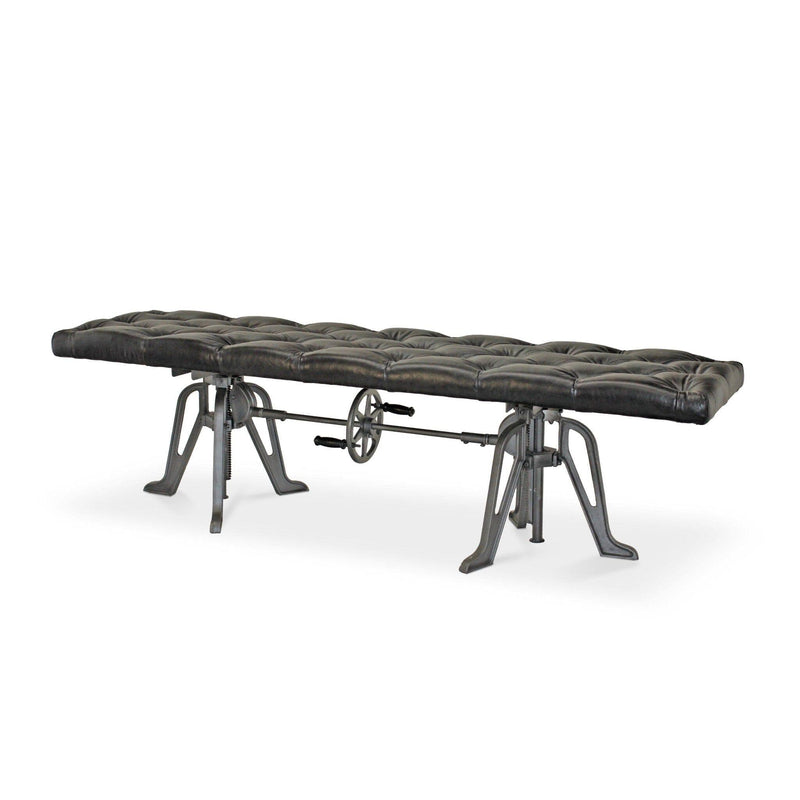 Adjustable Industrial Dining Bench - Cast Iron - Black Tufted Leather ...