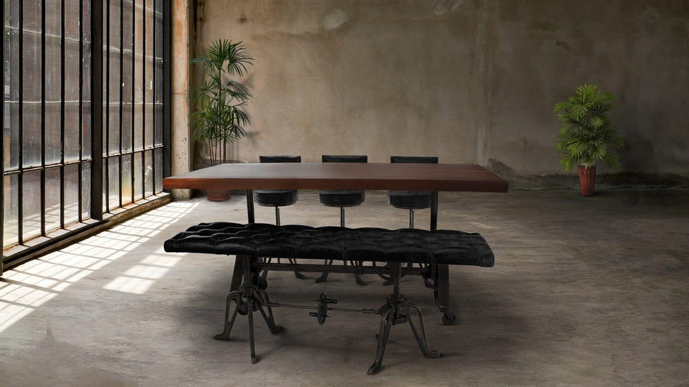 Adjustable Industrial Dining Bench - Cast Iron - Black Tufted Leather ...